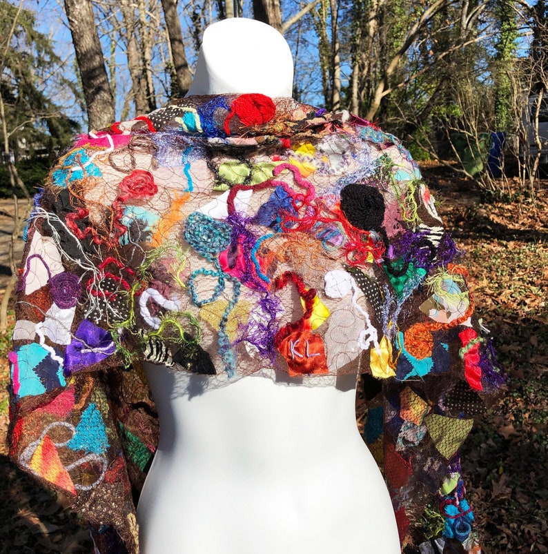 ART TO WEAR Shawl/wrap/scarf Unique Handmade Lightweight Colorful Funky ...
