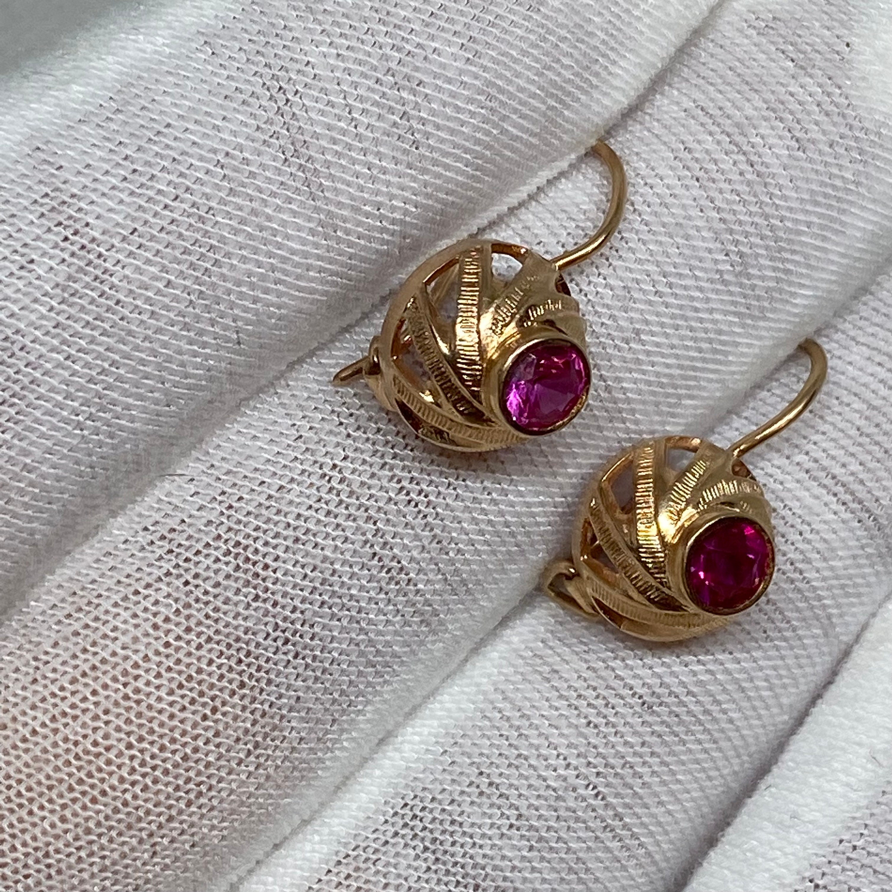 Vintage Original Rose Gold Earrings With Ruby corundum 14K , Rose Gold ...