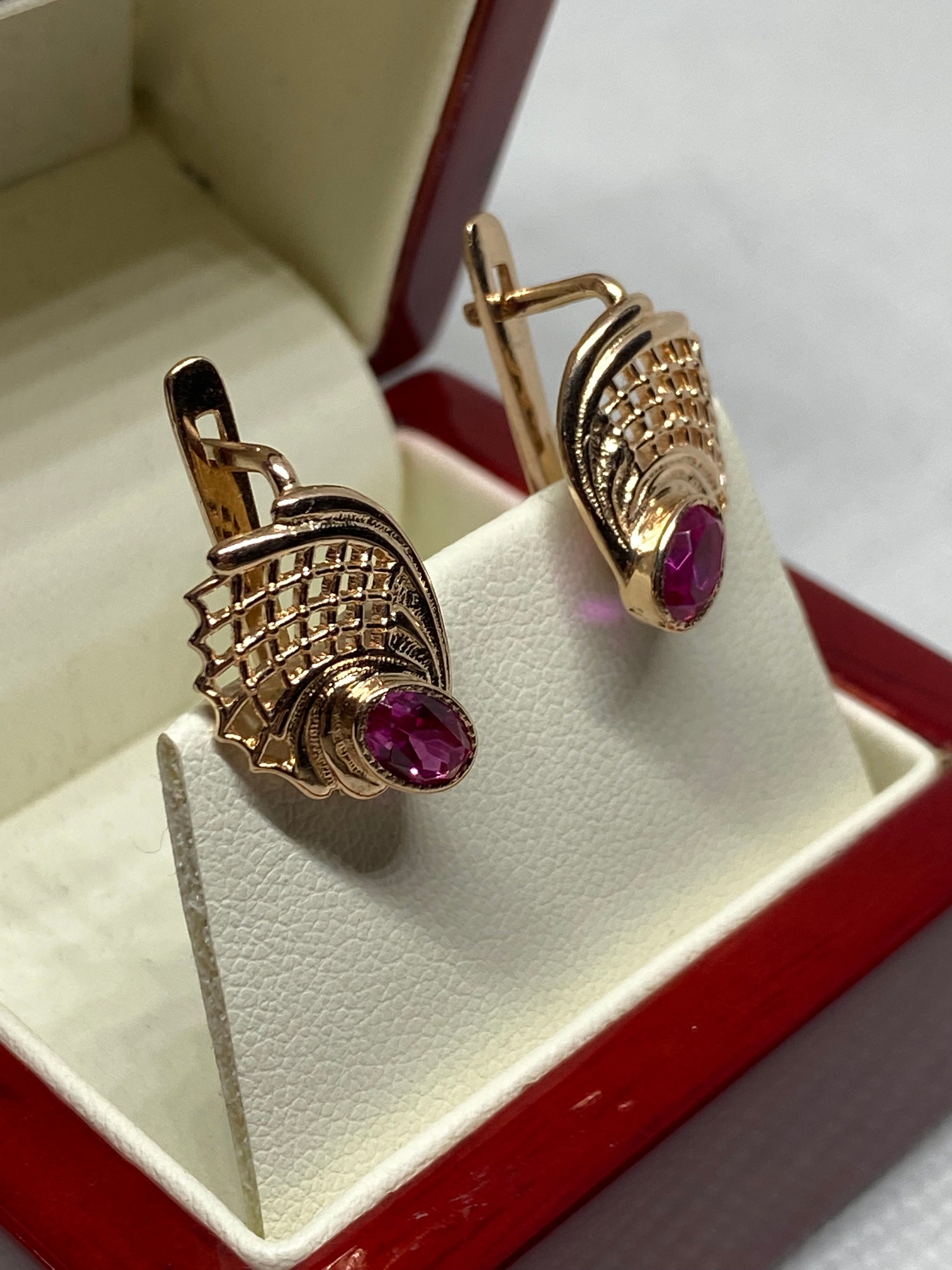 Vintage Original Rose Gold Earrings With Ruby (corundum) 14K , Rose ...