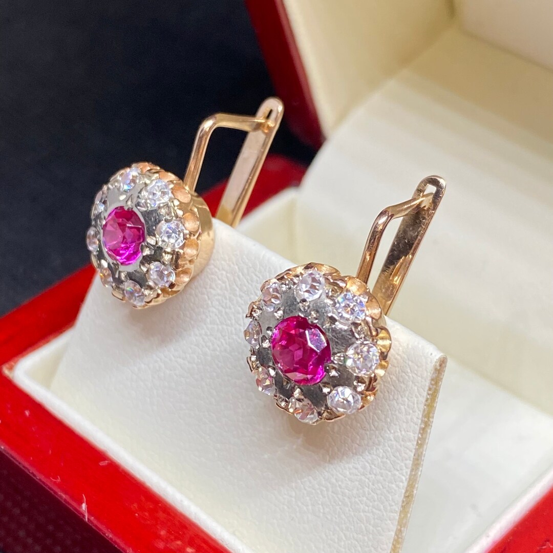 Vintage Original Rose Gold Earrings With Ruby corundum 14K , Rose Gold ...