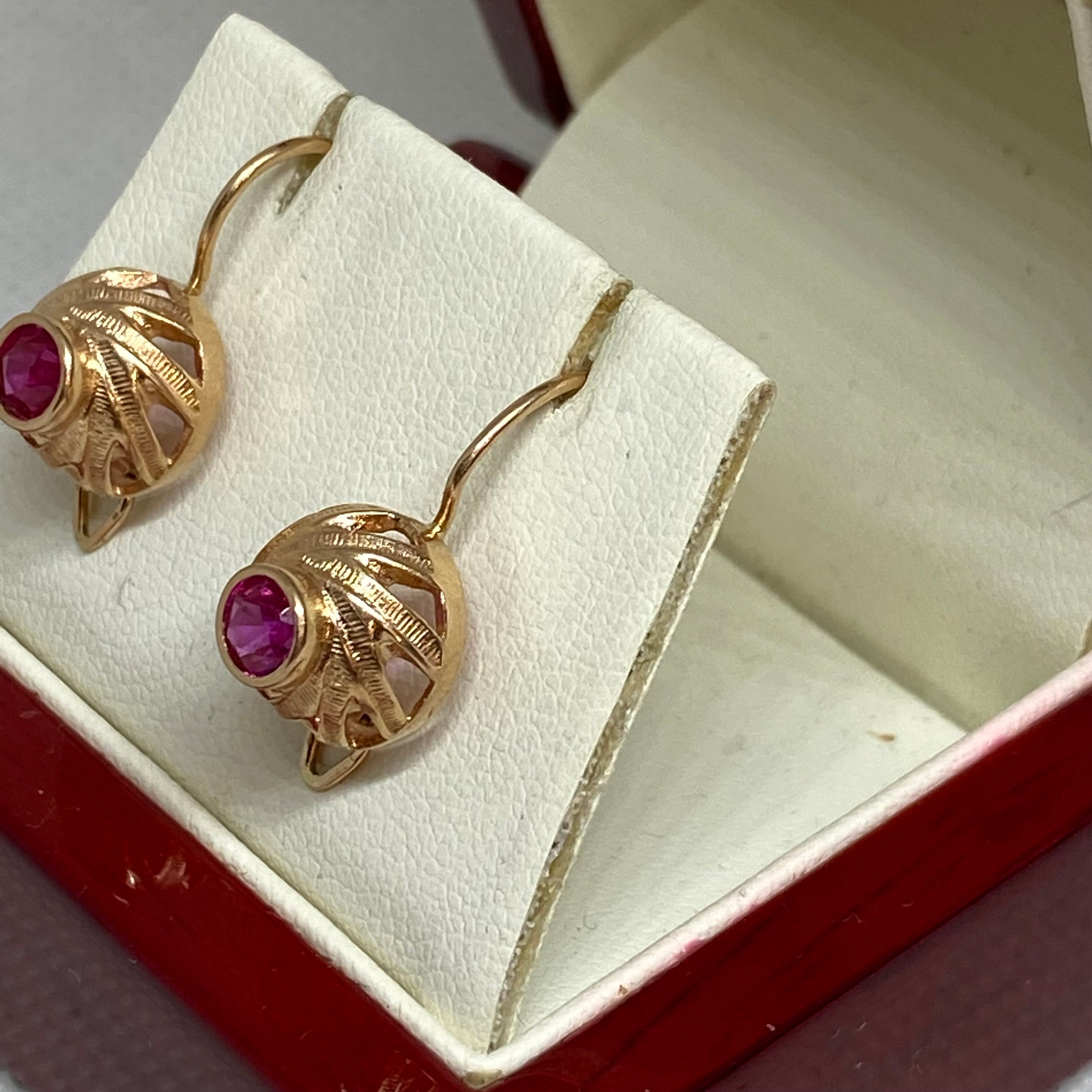 Vintage Original Rose Gold Earrings With Ruby corundum 14K , Rose Gold ...