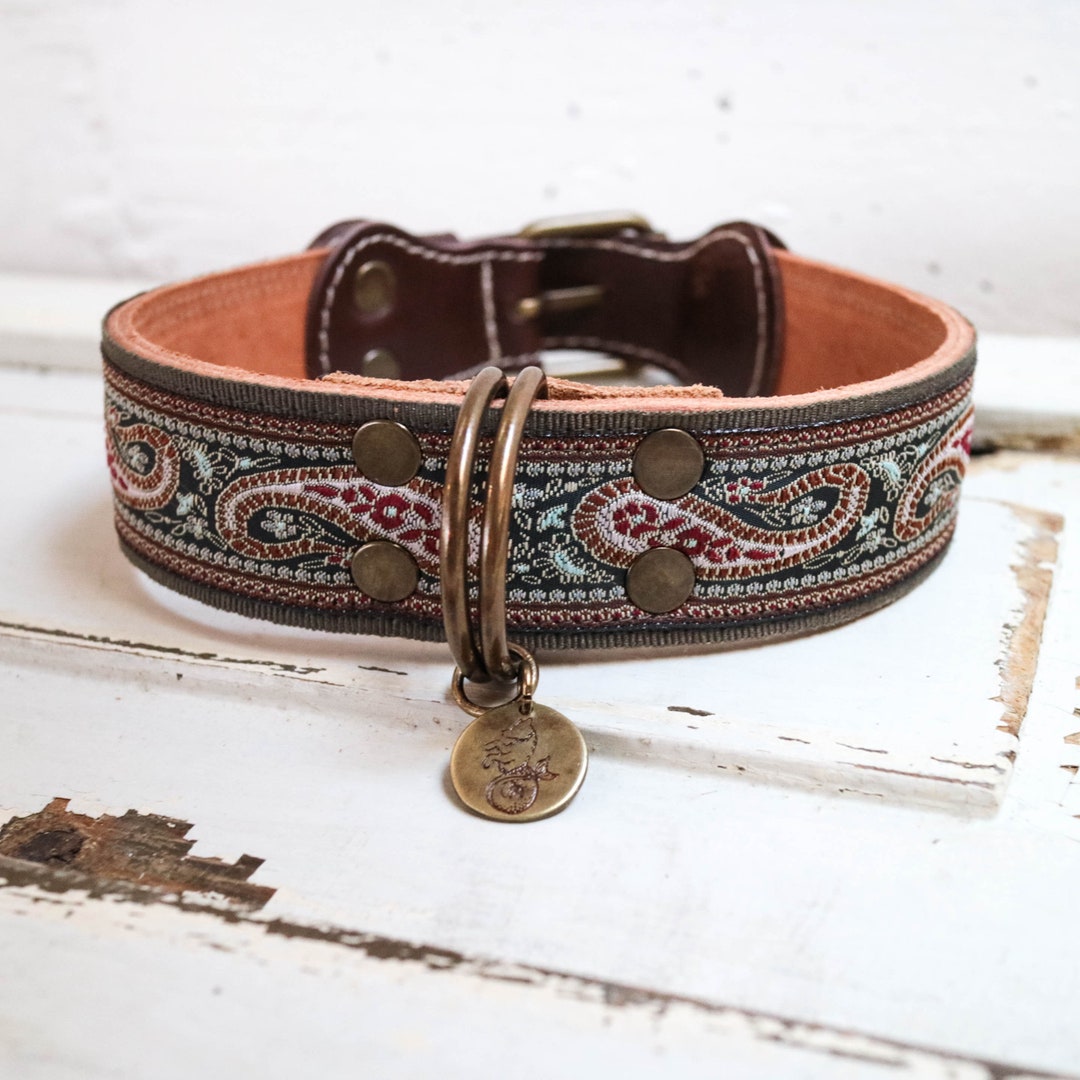 Dark Brown Leather Collar, Embroidered Leather Collar, Leather Collar ...