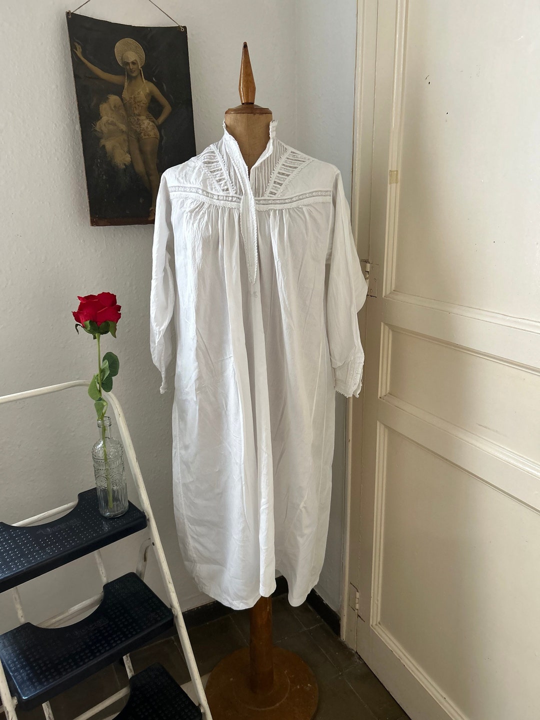 Antique Victorian White Linen Smock Nightgown With Lace Trim CM ...