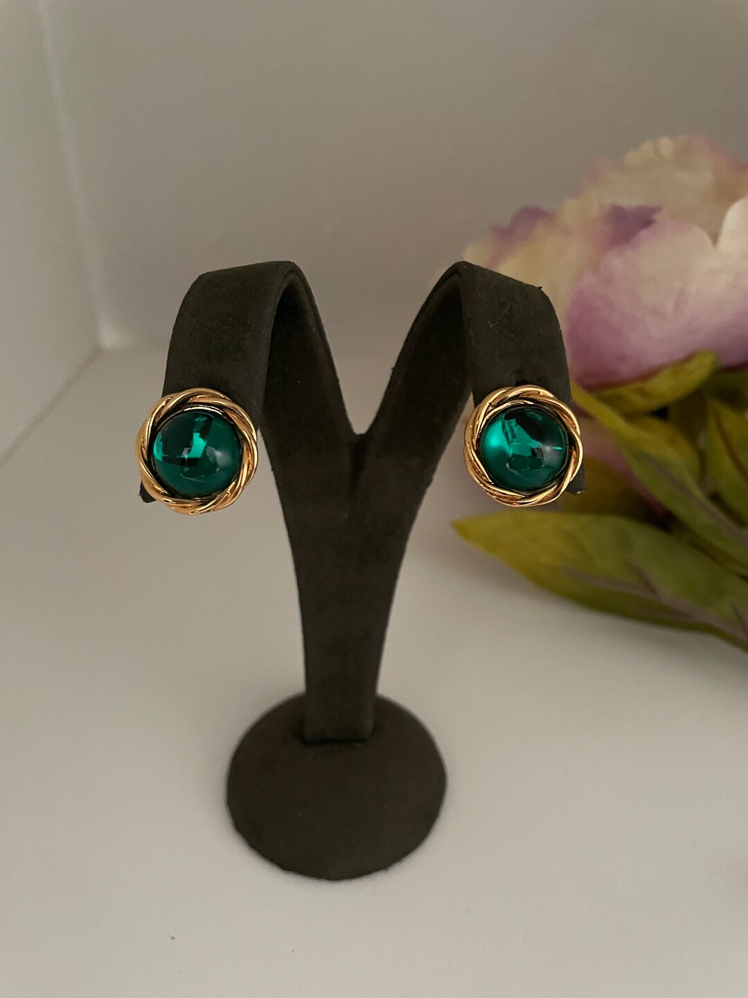 Vintage NOS Teal Green Round Glass Cabochon Clip Earrings, Medium Sized ...