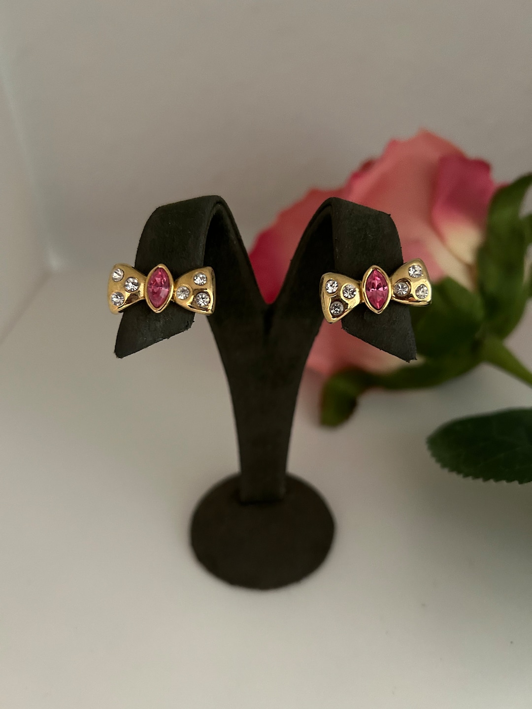 Vintage NOS Pink Crystal Gold Plated Bow Shaped Pierced Earrings ...