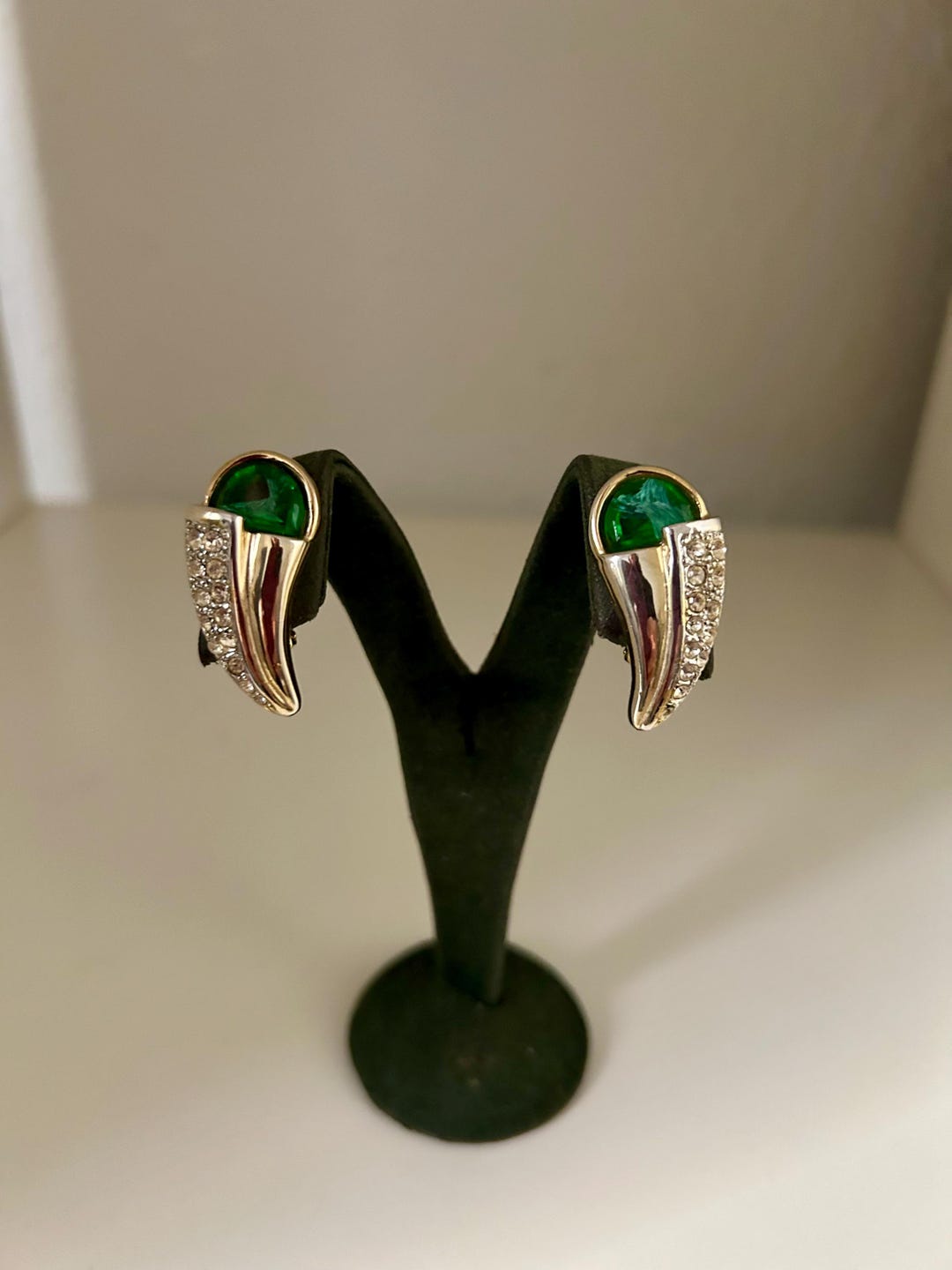 Vintage DOIRA Green Jewel and Clear Crystal Cornucopia Clip on Earrings ...