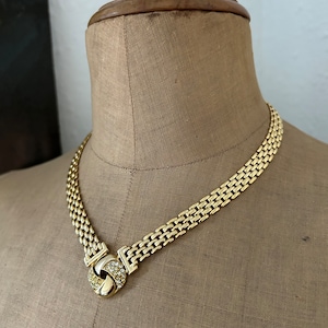 Vintage 90s Gold Plated Brick Chain Necklace, Crystal Pinwheel Pendant ...