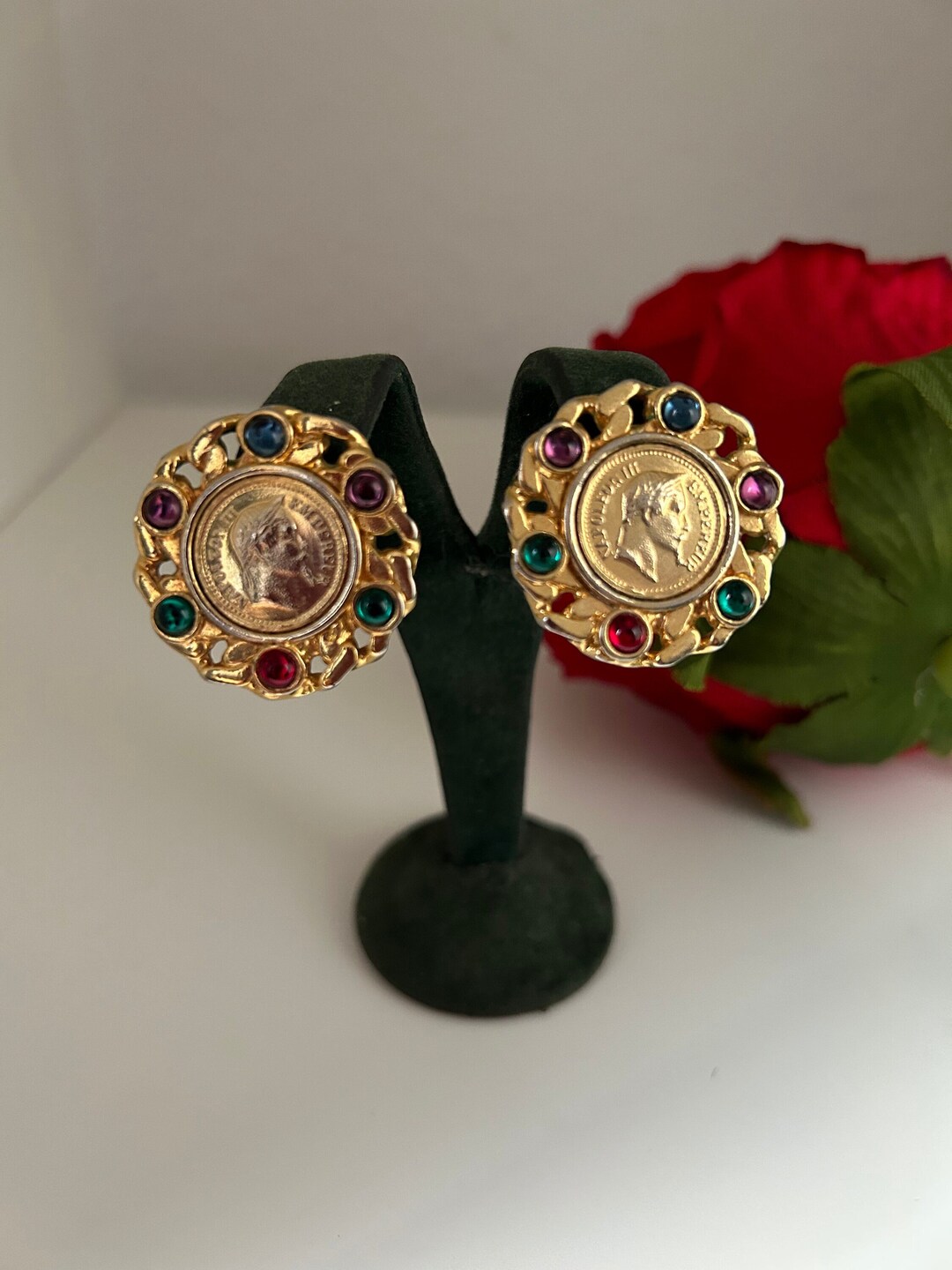 Vintage Gold Plated Roman Coin Clip-ons W/ Colorful Jewel Cabochons ...