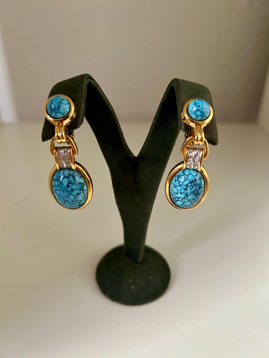 Vintage LANVIN Gold Plated Faux Turquoise Cabochon Crystal Oval Door ...