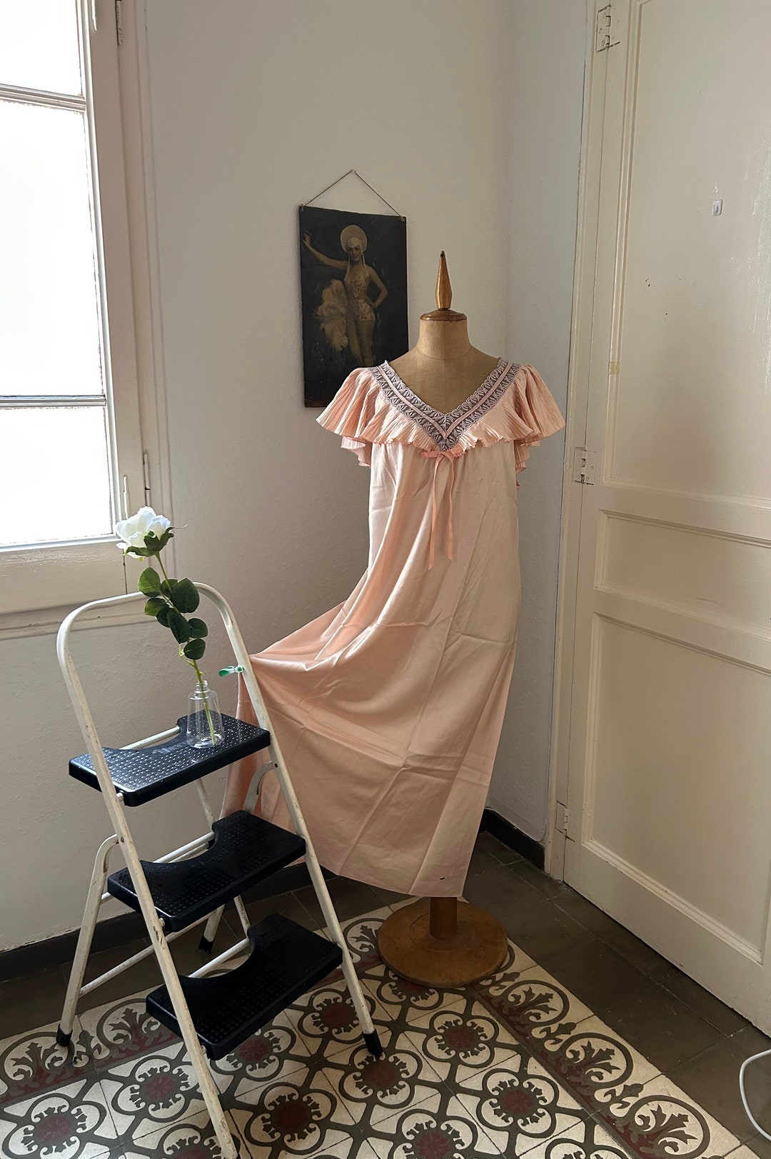 Vintage Peach Satin Nightgown, Long Nightie Size Large, Sleeveless Maxi ...