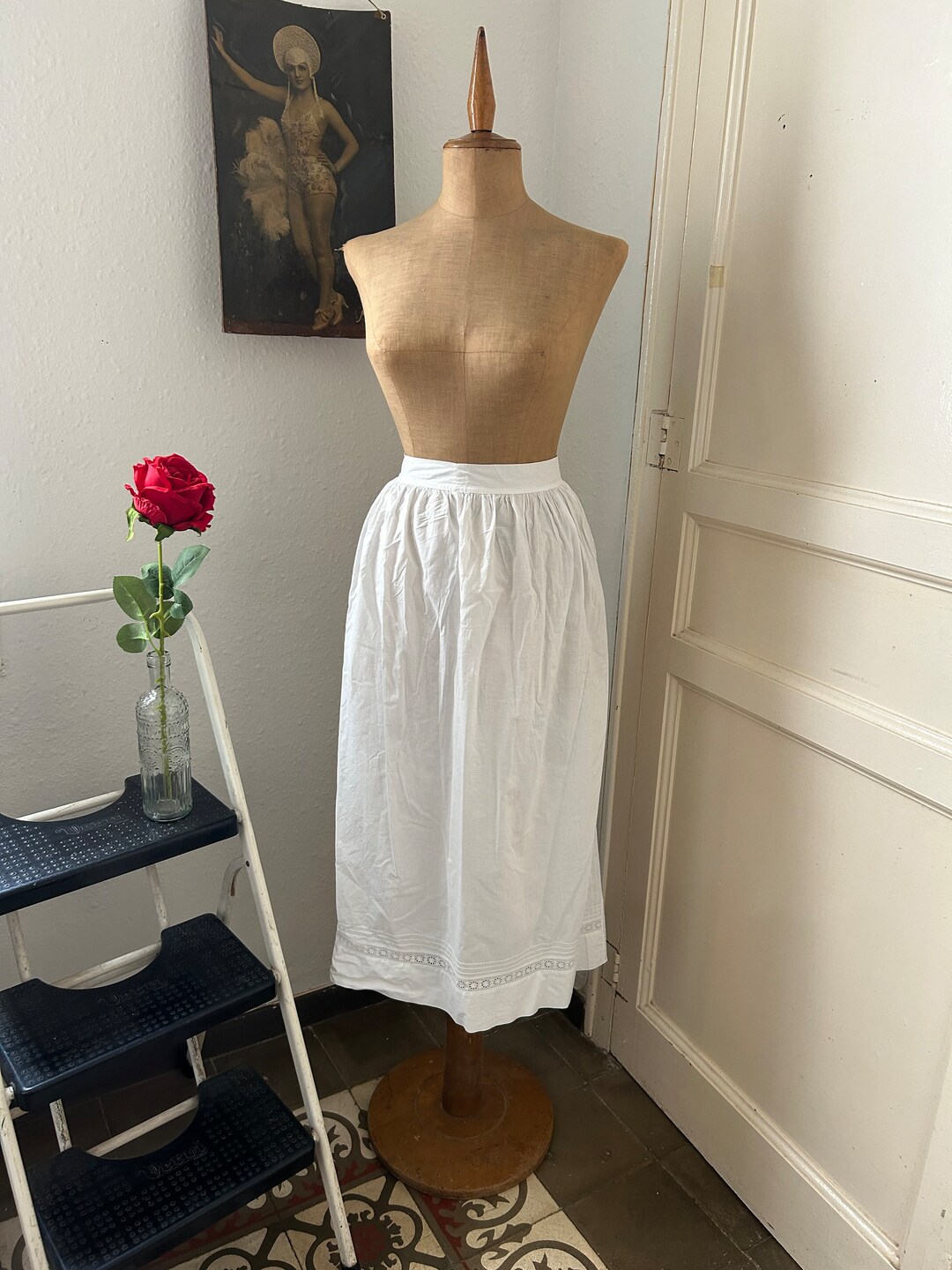 Antique Long White Cotton Half Apron With Broderie Anglaise Lace Trim ...