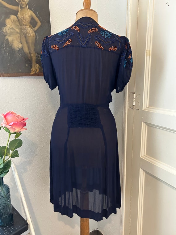 1940s Sheer Navy Blue Crepe Dress with Colorful Squig… - Gem