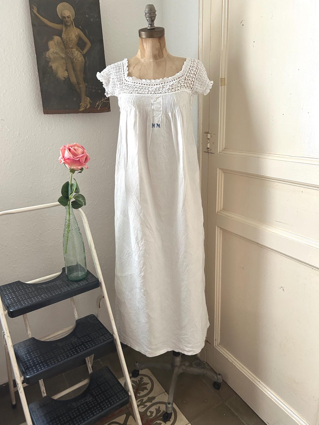 Antique Linen and Crochet Lace Cap Sleeve Maxi Nightgown MM Monogram ...