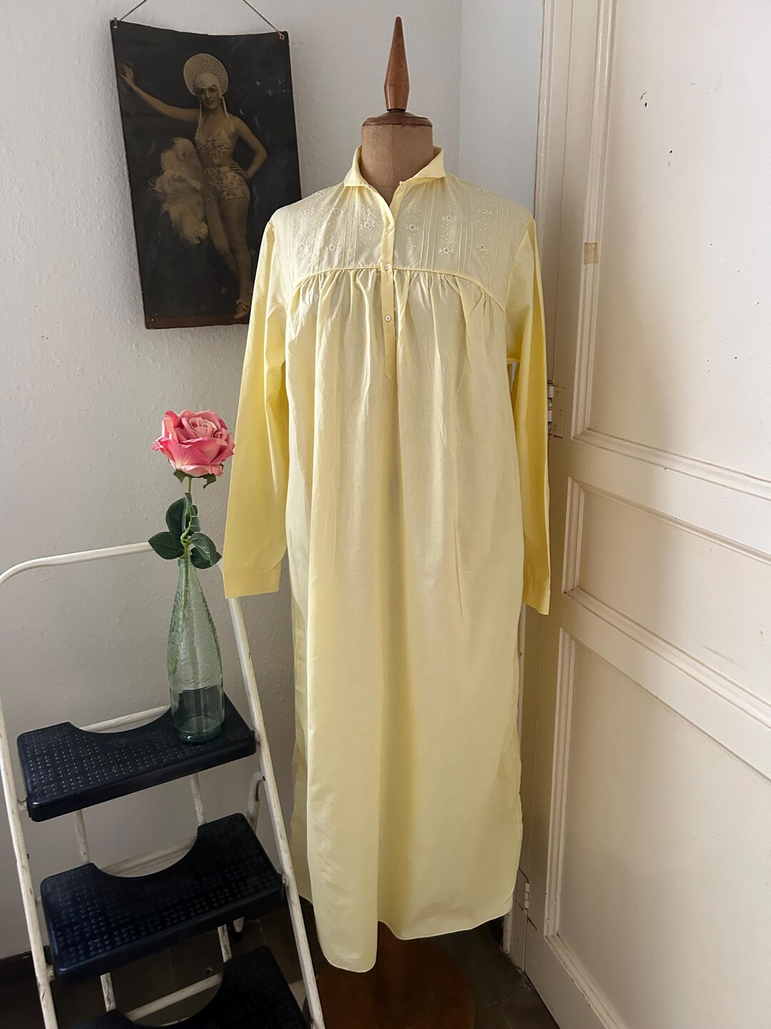 1950s Yellow Cotton Smock Nightgown With Floral Embroidery Work - Etsy