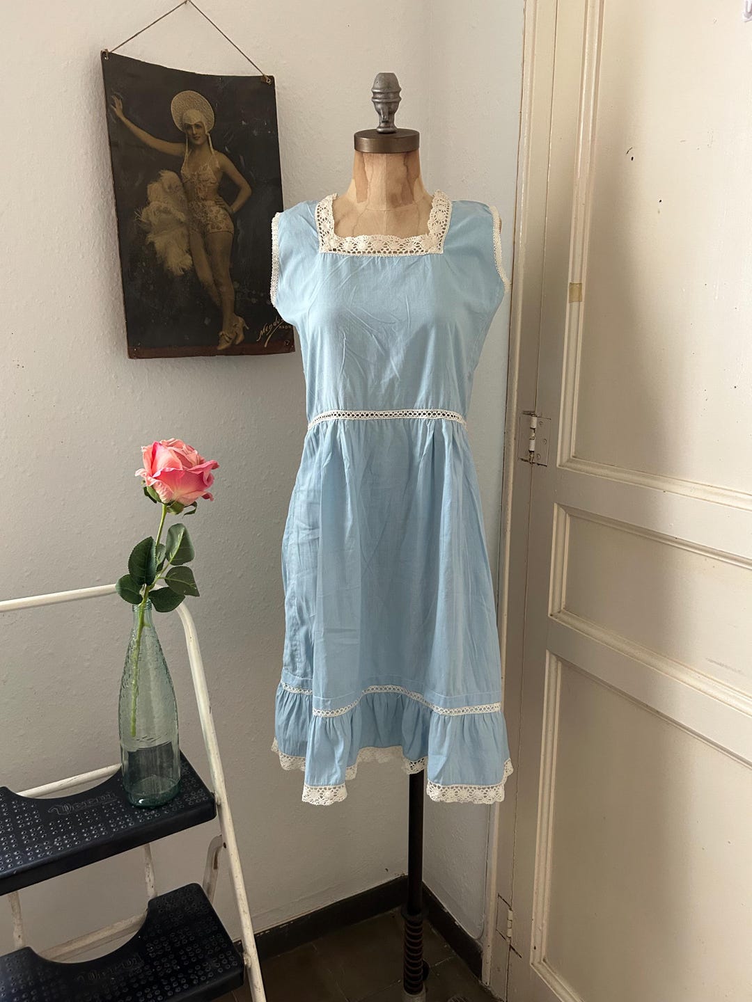 1950s Homemade Blue Cotton Sleeveless Dress With Lace Trim - Etsy