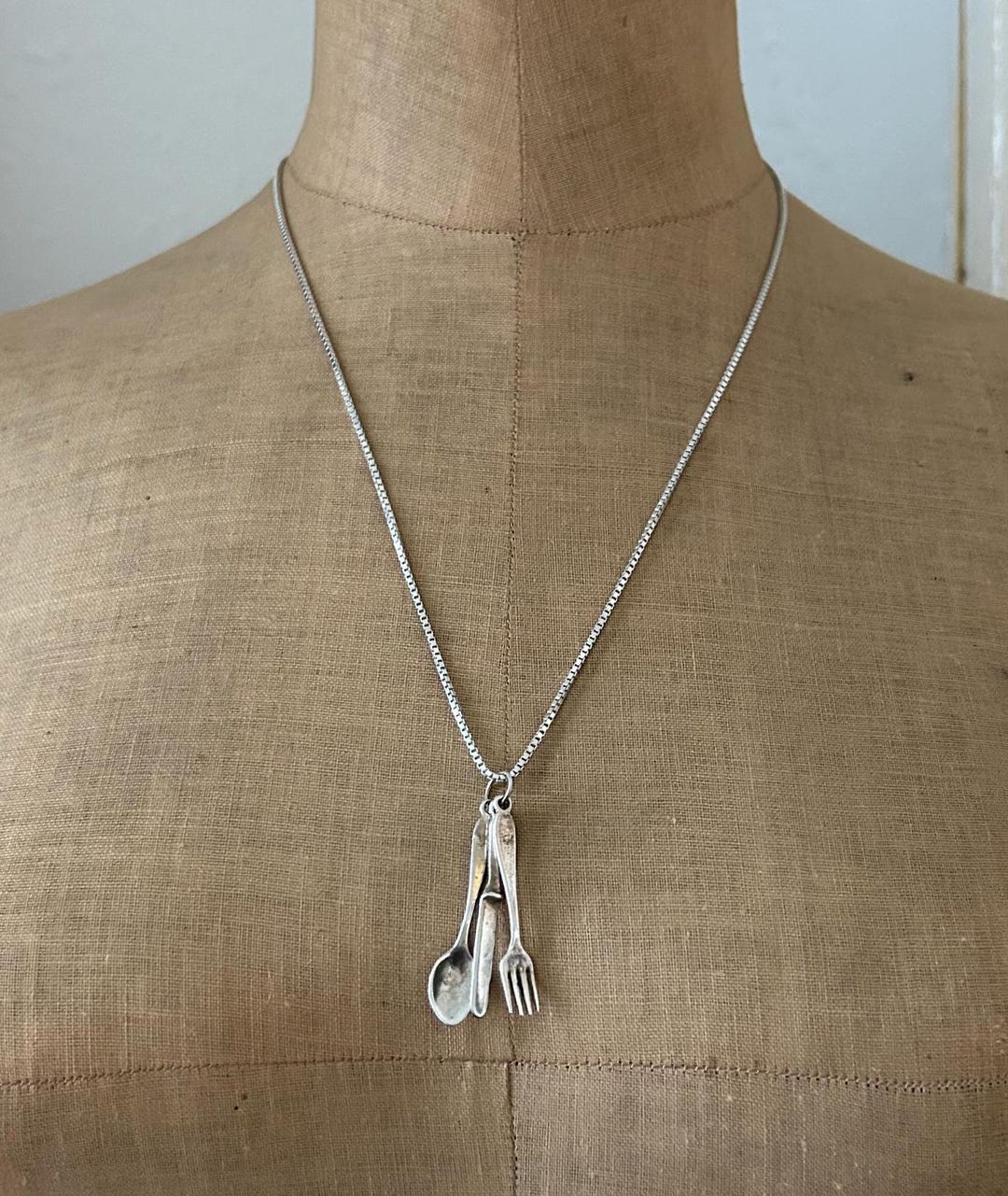 Vintage 925 Silver Fork Knife and Spoon Pendant Necklace, Novelty ...