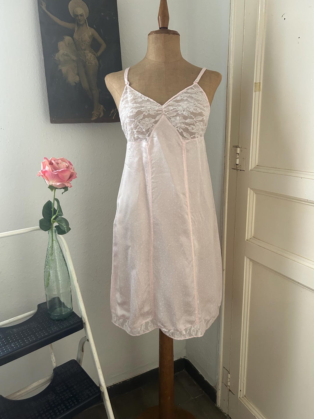 Vintage 1940s Pink Liquid Satin Slip Dress W Lace Trim Handmade 40s