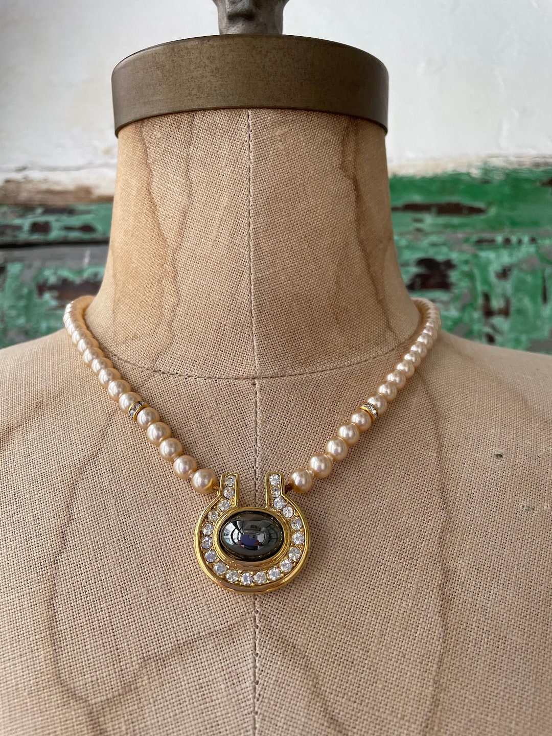 Vintage Faux Perle Dunkelgrau Hämatit Juwel Cabochon Strass Anhänger ...