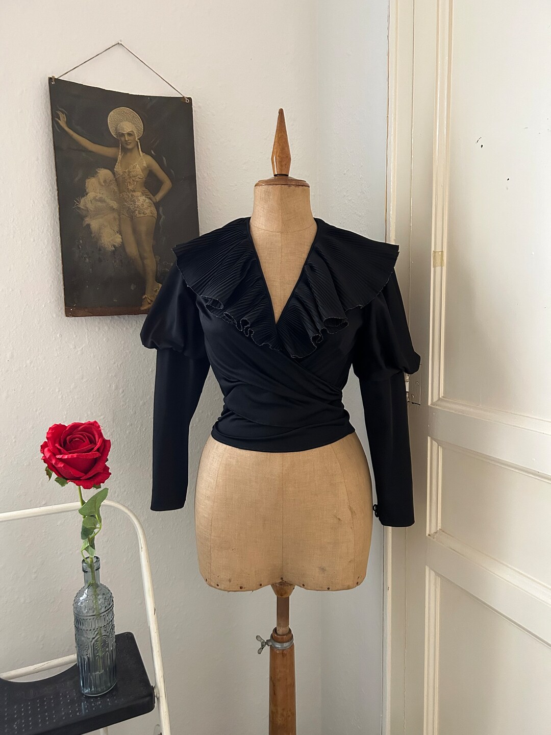 Vintage Black Ruffled V Veck Wrap Top With Puffed Mutton Sleeves - Etsy