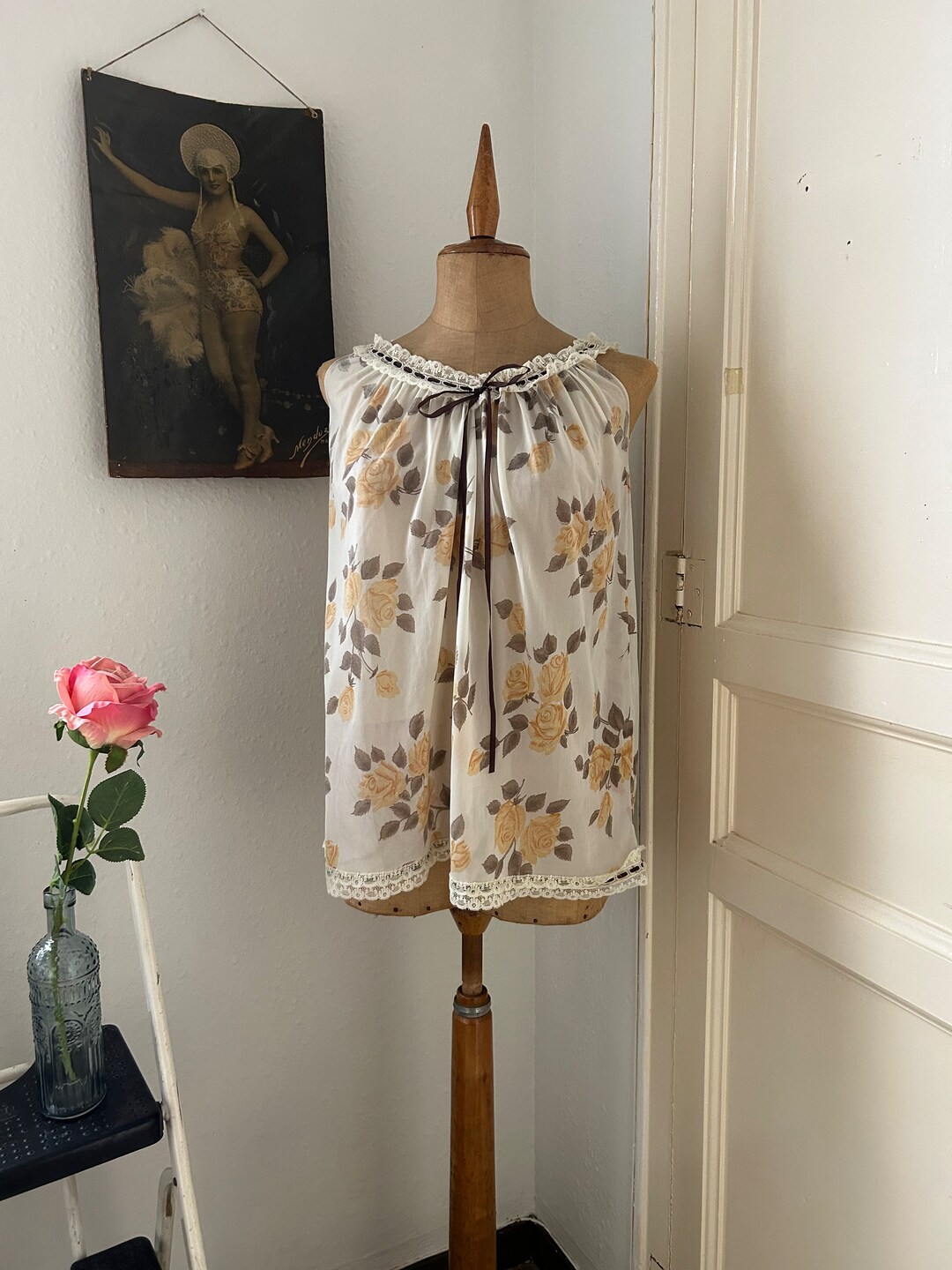 Vintage Sheer Brown Floral Print Lingerie Smock Top With Lace Trim and ...