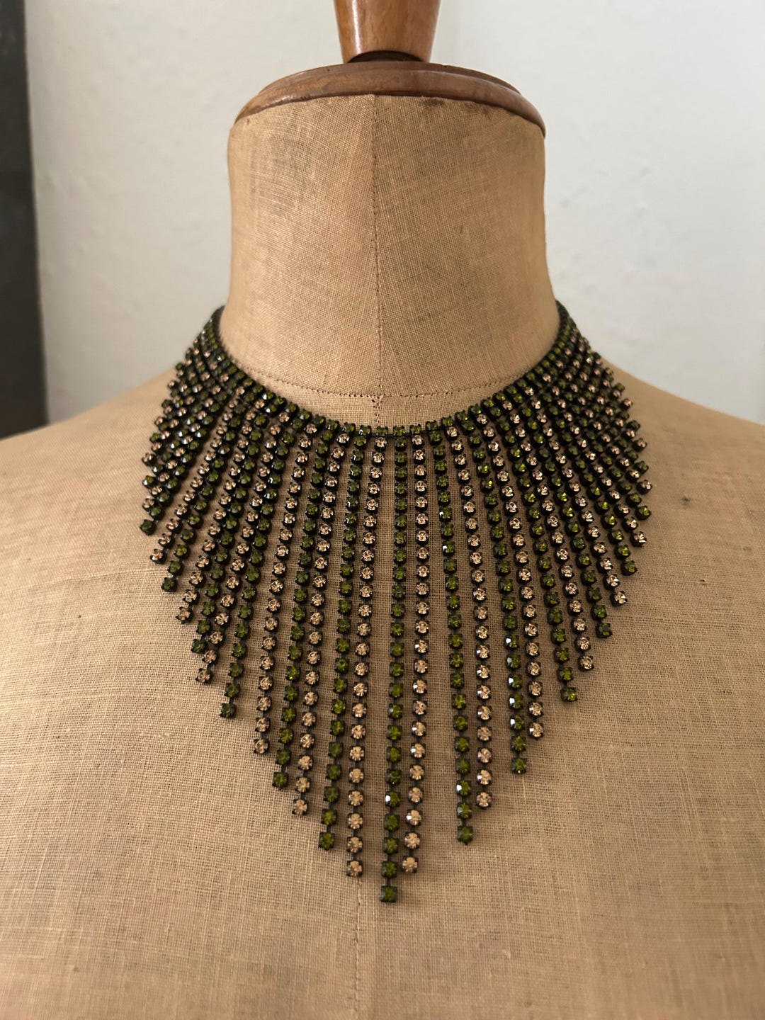 Vintage Green & Pink Crystal Bib Choker Necklace: 90s Y2K Flapper ...