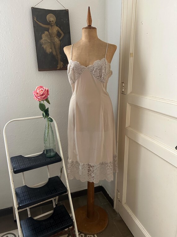 Vintage 1960s Latte Colored Nylon and Lace Slip Dress… - Gem