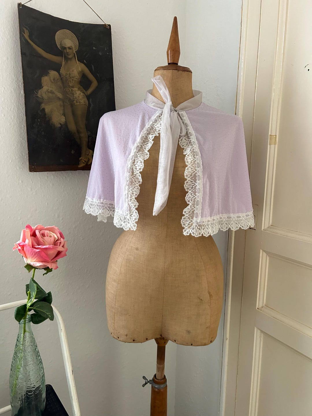 Vintage Lavender Nylon Boudoir Cape With Silver Polka Dots and Lace ...