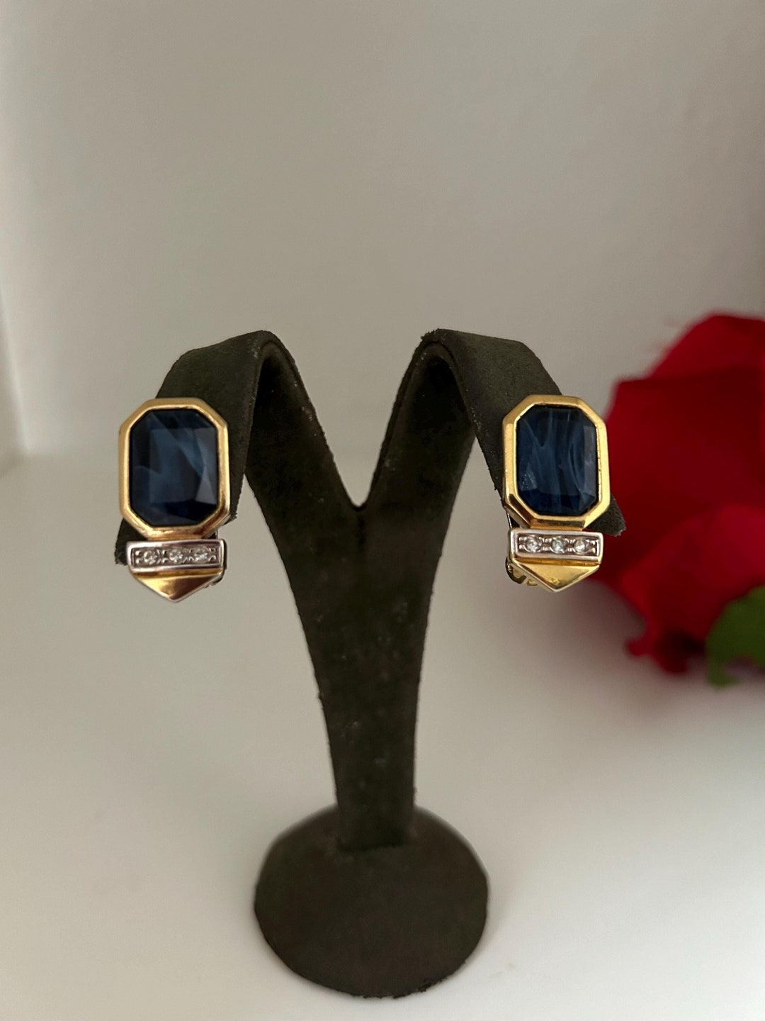 Vintage 90s Blue Rectangle Jewel Clip Earrings With Sparkling Crystals ...