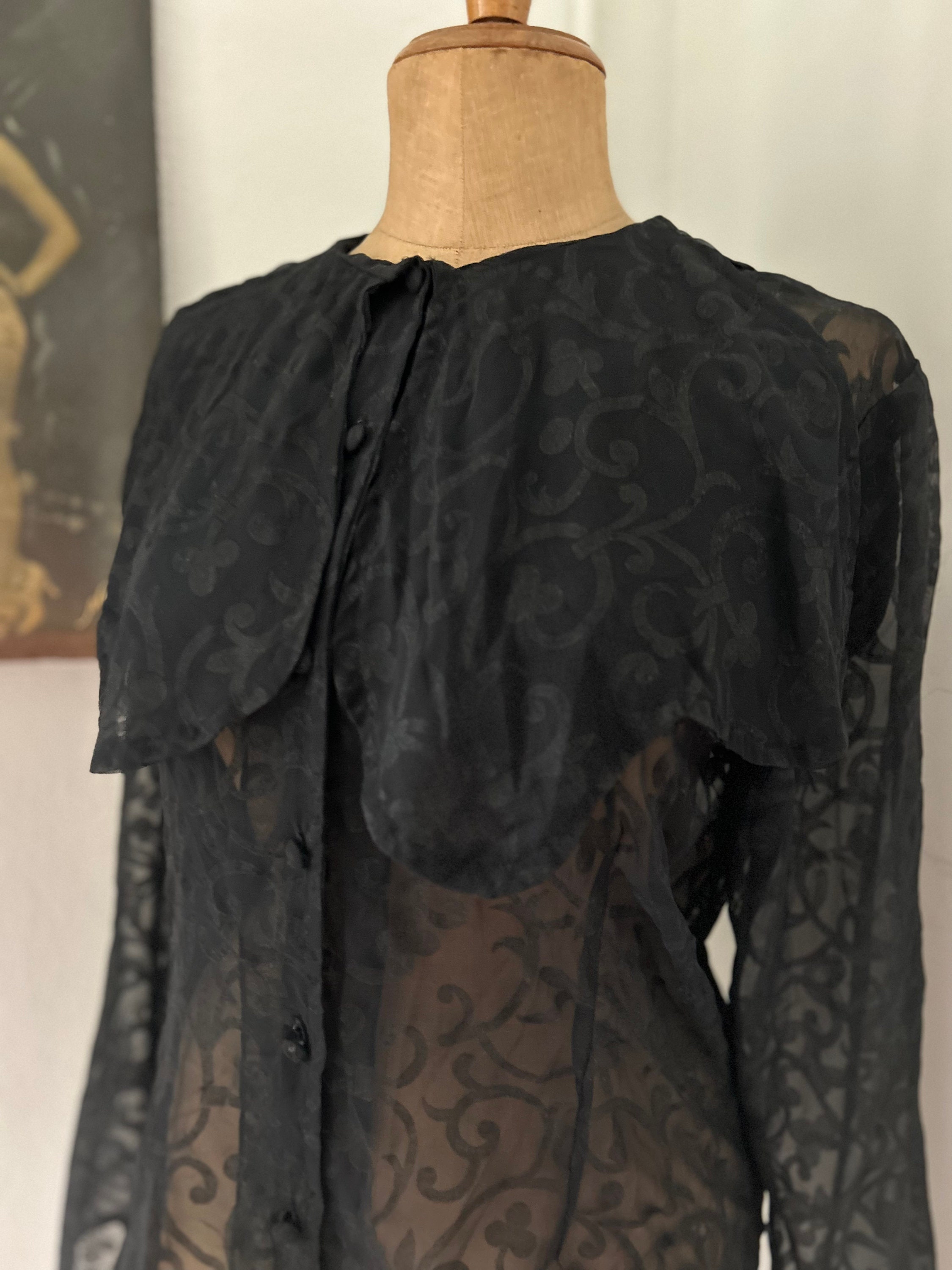 90s Sheer Black Burnout Victorian Collar Blouse Size Medium, Floral ...
