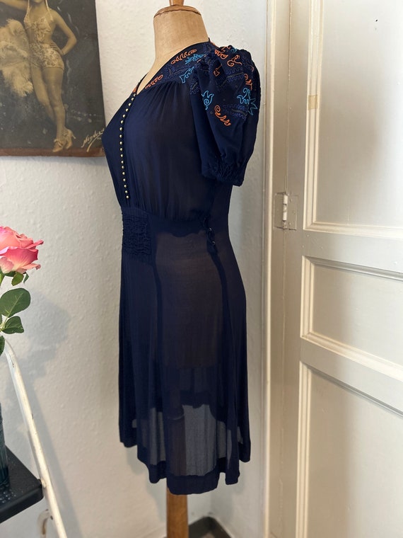 1940s Sheer Navy Blue Crepe Dress with Colorful Squig… - Gem