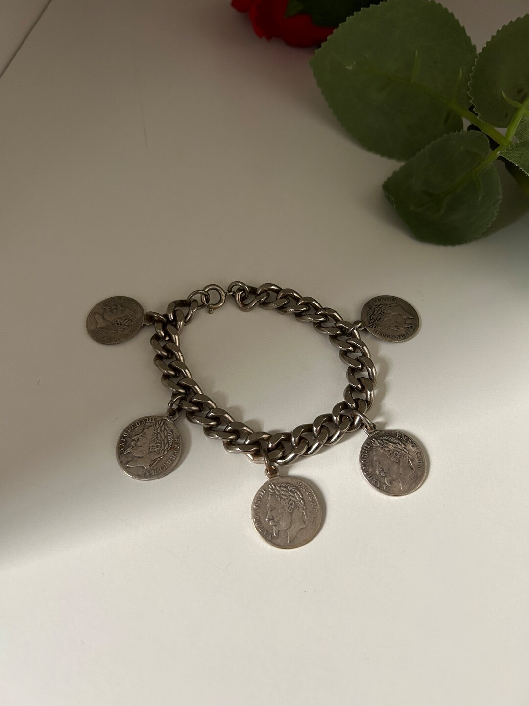 Vintage Silver Tone Napoleon Charm Bracelet, Antique French Coin Chain ...