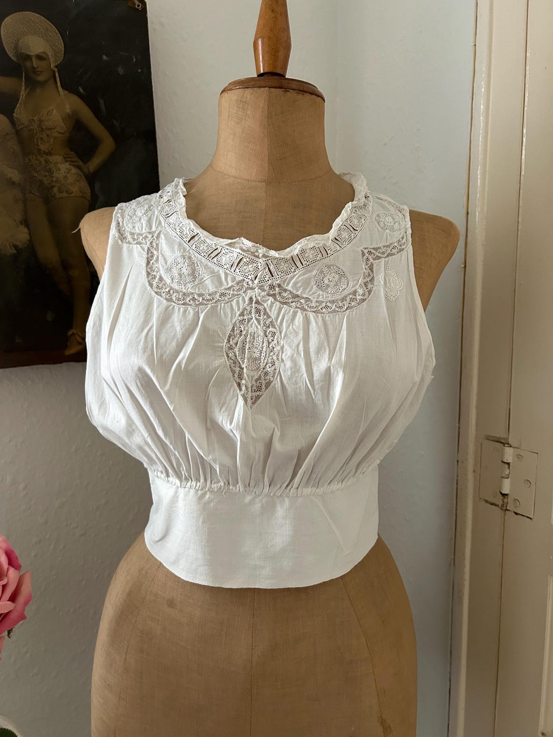 Edwardian White Cotton Lacy Corset Cover With Ribbon Runners and ...