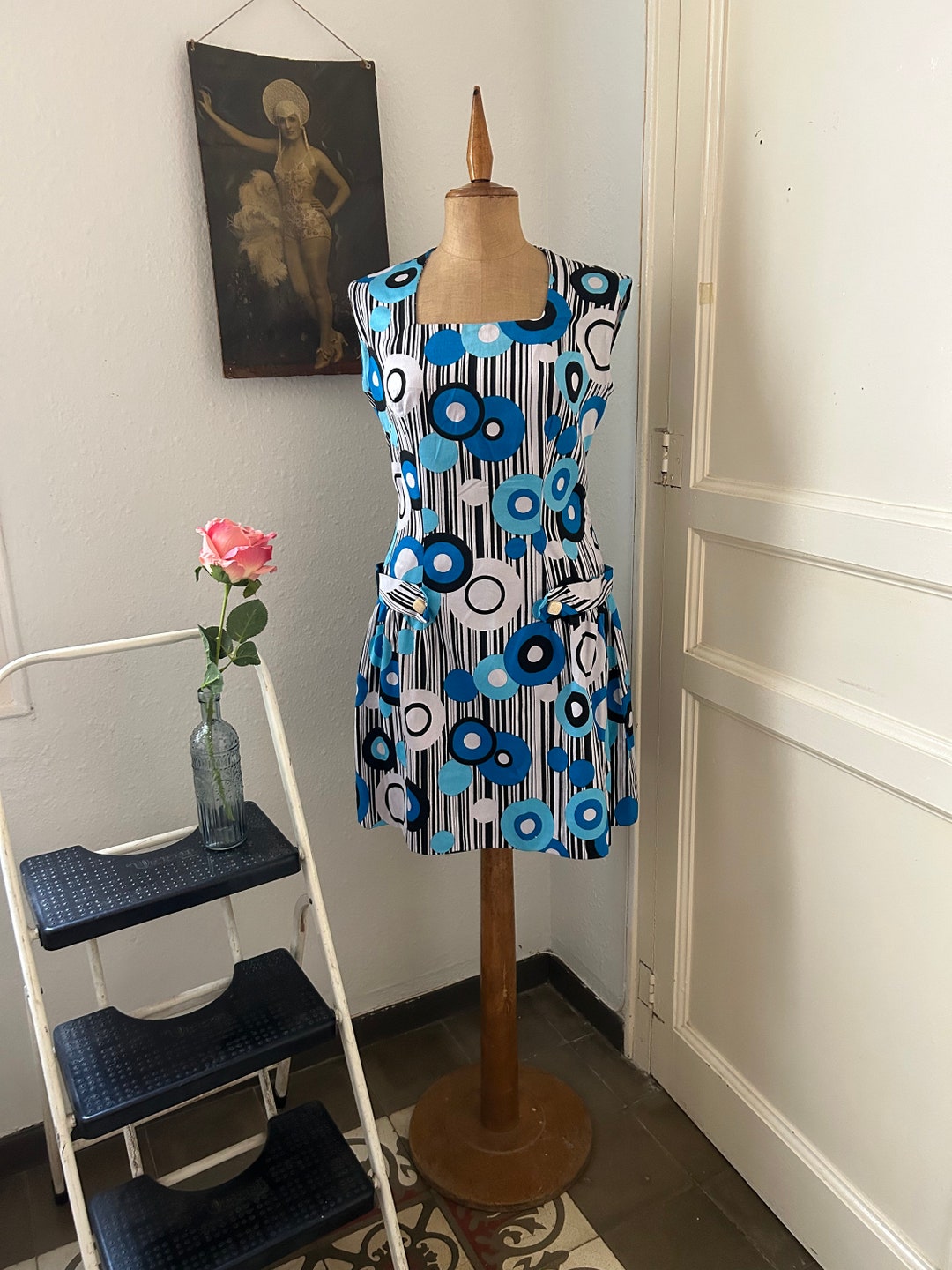Vintage 60s Blue and Black Mod Op Art Circle Print Scooter Dress Size ...