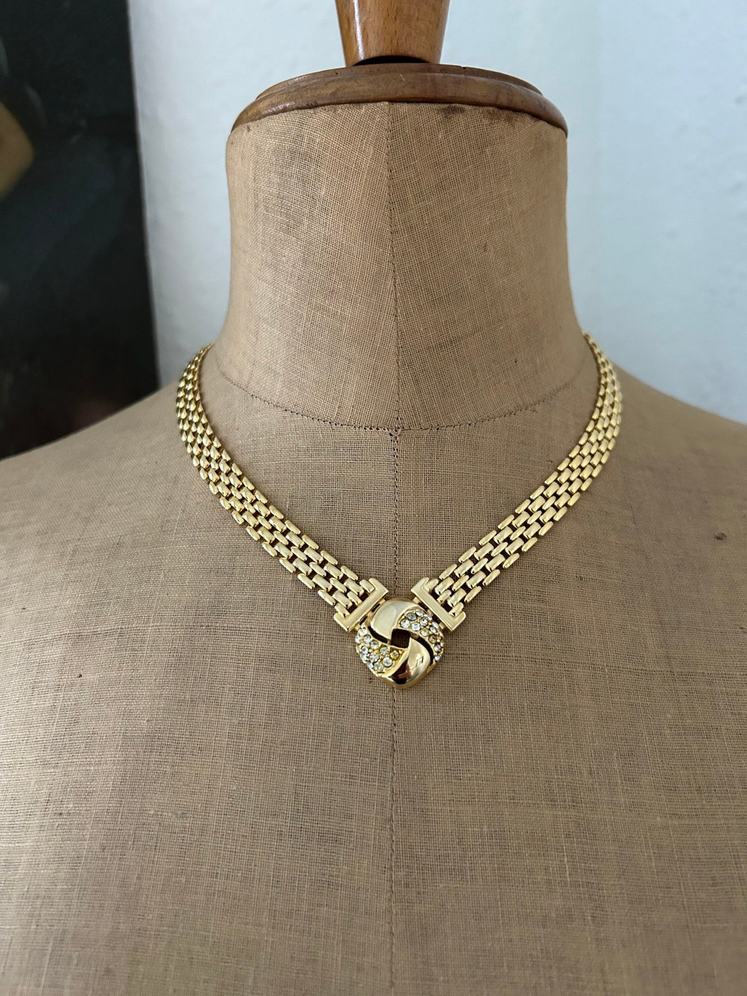 Vintage 90s Gold Plated Brick Chain Necklace, Crystal Pinwheel Pendant ...
