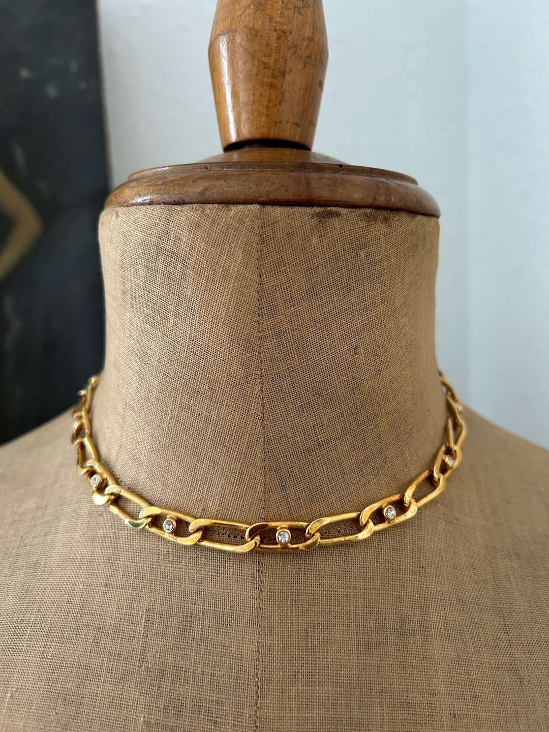 Vintage NOS Gold Plated Chunky Chain Collar Necklace With Clear ...