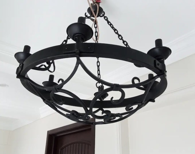 Antique Black Wrought Iron Chandelier Electric Candlelight Rustic ...