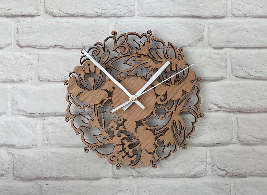Flower Design Wooden Clock. Elegant and Stylised Silent Sweep Hand - Etsy