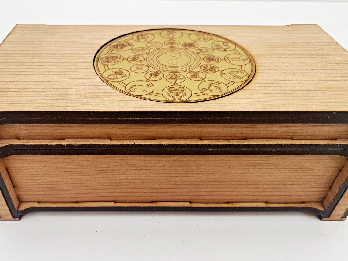 Chinese Horoscope Box Cherry Wood With Golden Inset - Etsy