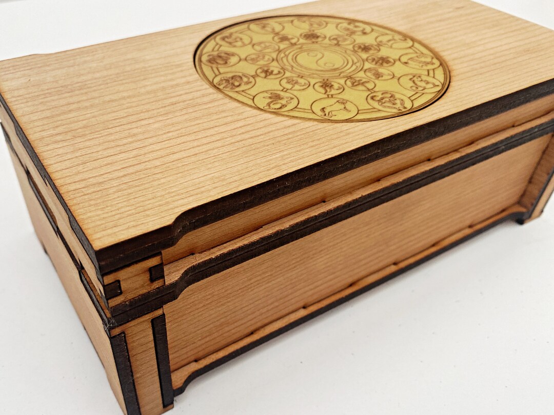 Chinese Horoscope Box - Cherry Wood With Golden Inset Featuring Chinese ...