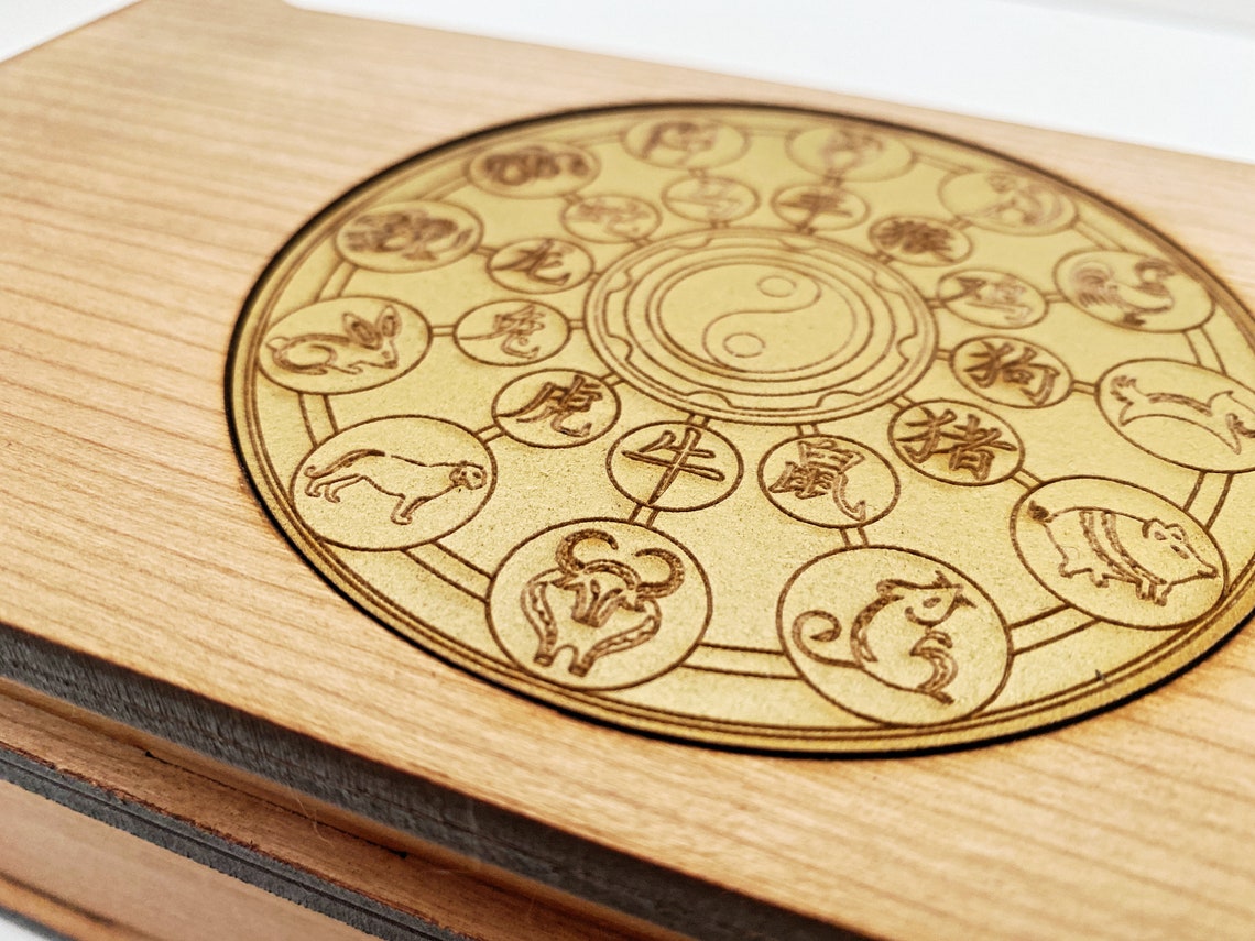Chinese Horoscope Box Cherry Wood With Golden Inset - Etsy