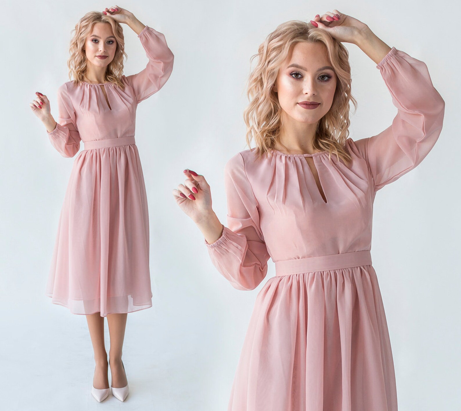 Romantic Blush Cocktail Flowy Dress With Long Sleeves Tender - Etsy