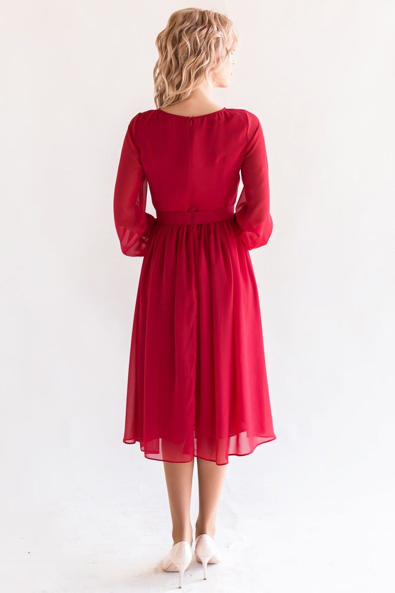 Romantic Red Cocktail Flowy Dress With Long Sleeves / Tender - Etsy