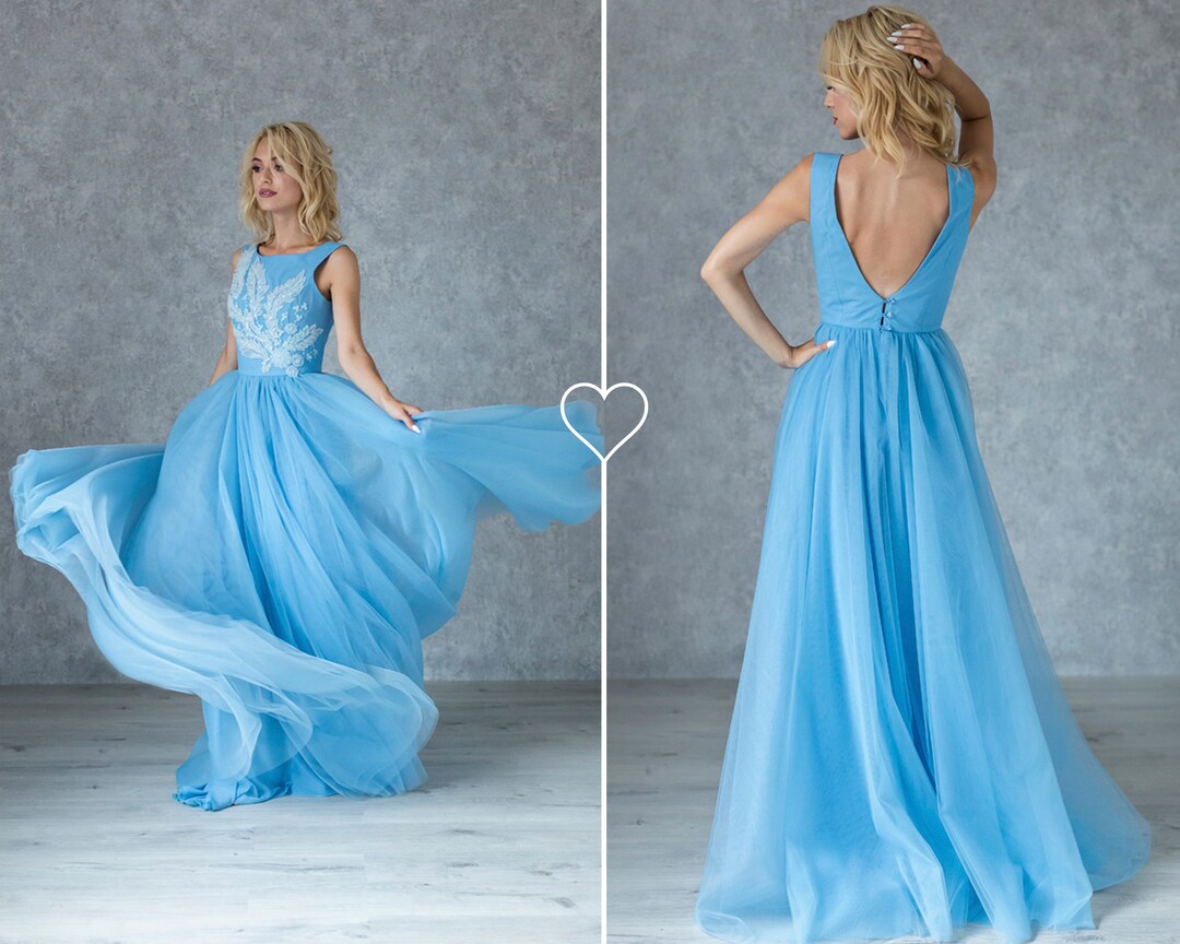 Light Blue Tulle Dress With Beads Embroidery Elegant Evening - Etsy