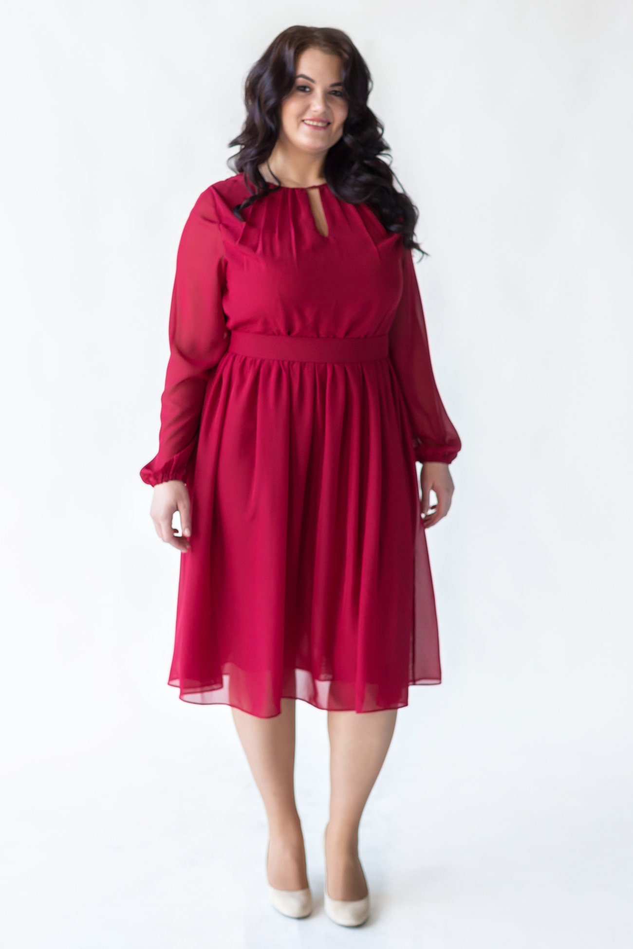 Romantic Red Cocktail Flowy Dress With Long Sleeves / Tender | Etsy