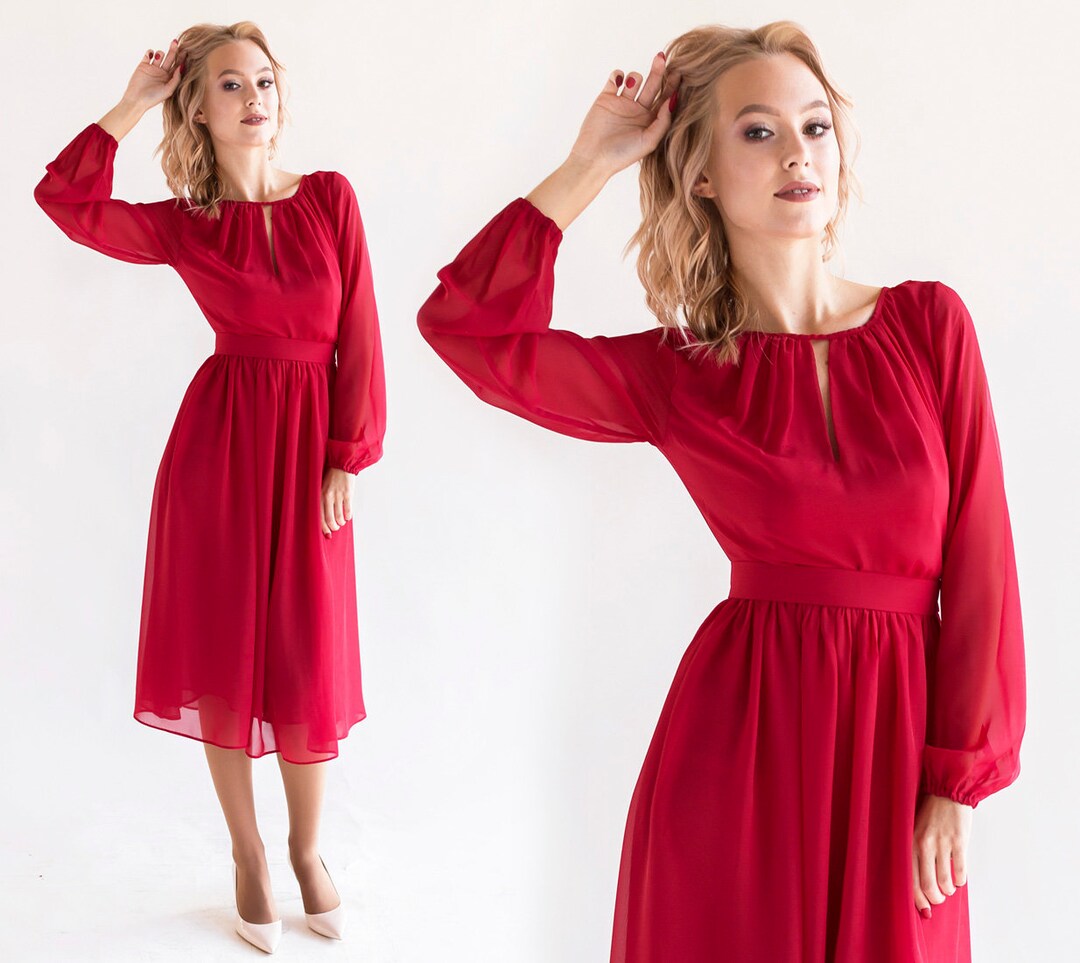 Romantic Red Cocktail Flowy Dress With Long Sleeves / Tender Midi ...