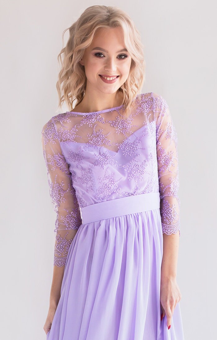 Lavender Long Gown With Lace Top And Sleeves / Woman formal | Etsy