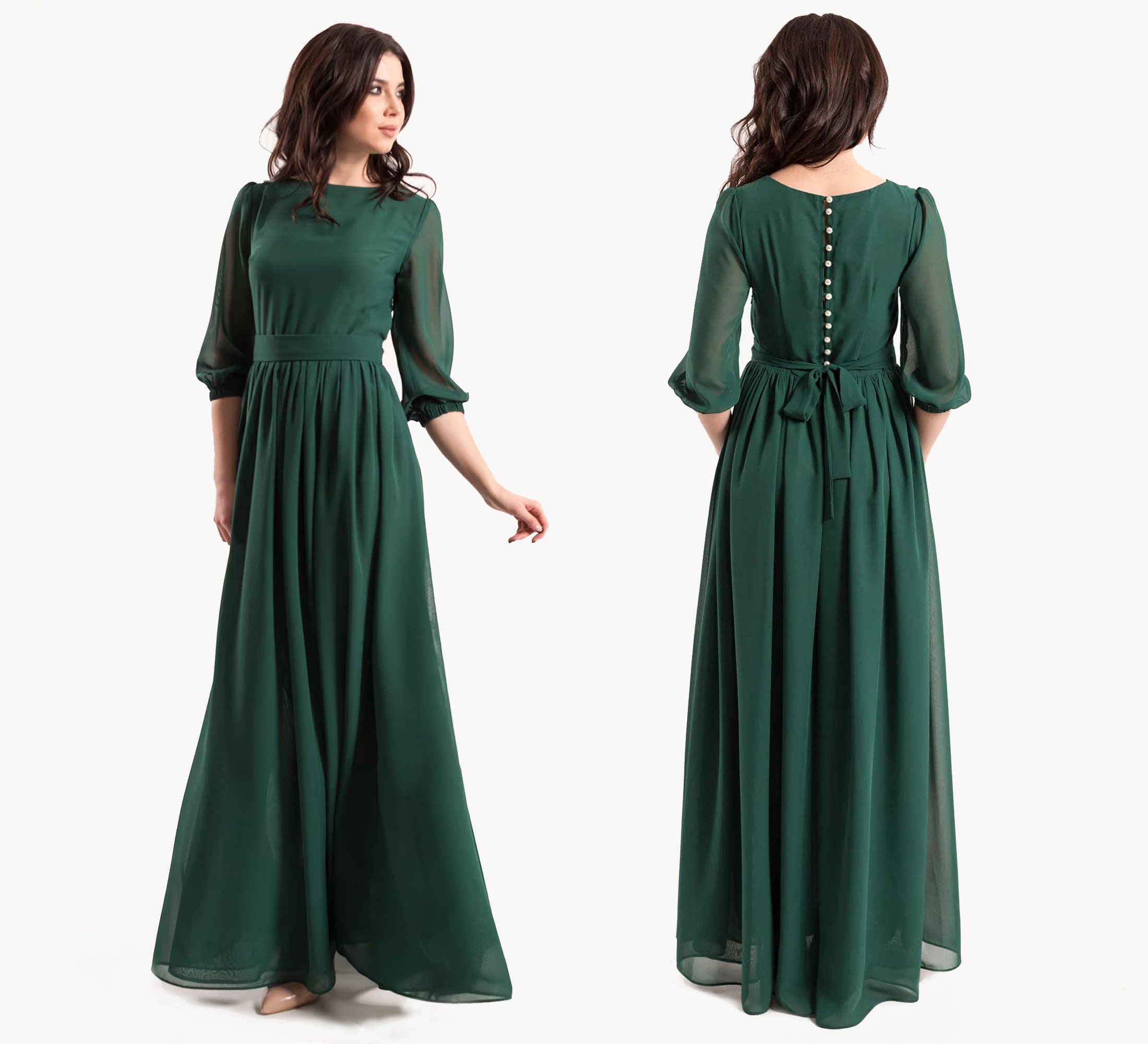 Emerald Chiffon Maxi Dress: Pearl Button Formal Cottagecore Dress - Etsy