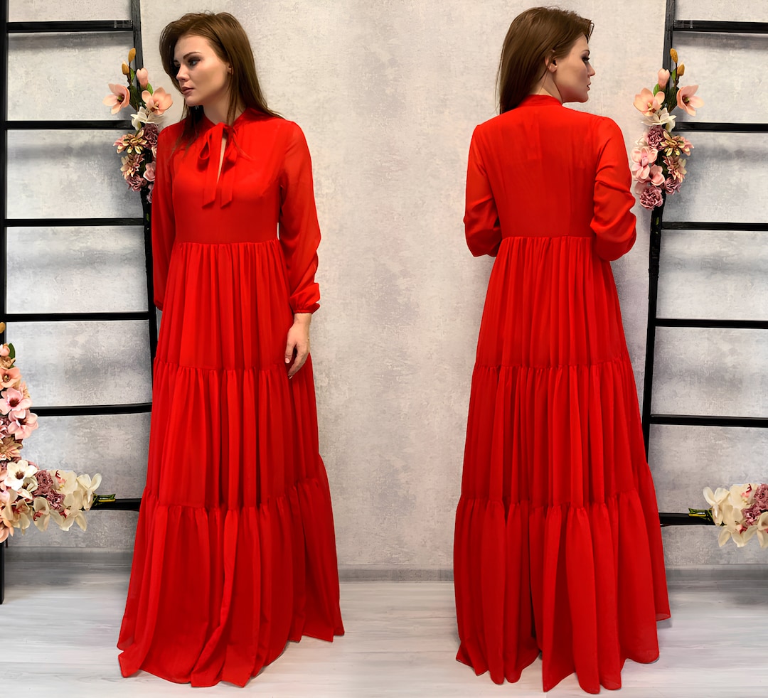 Flowy Chiffon Dress With Long Sleeves, Red Floor Length Dress, Evening ...