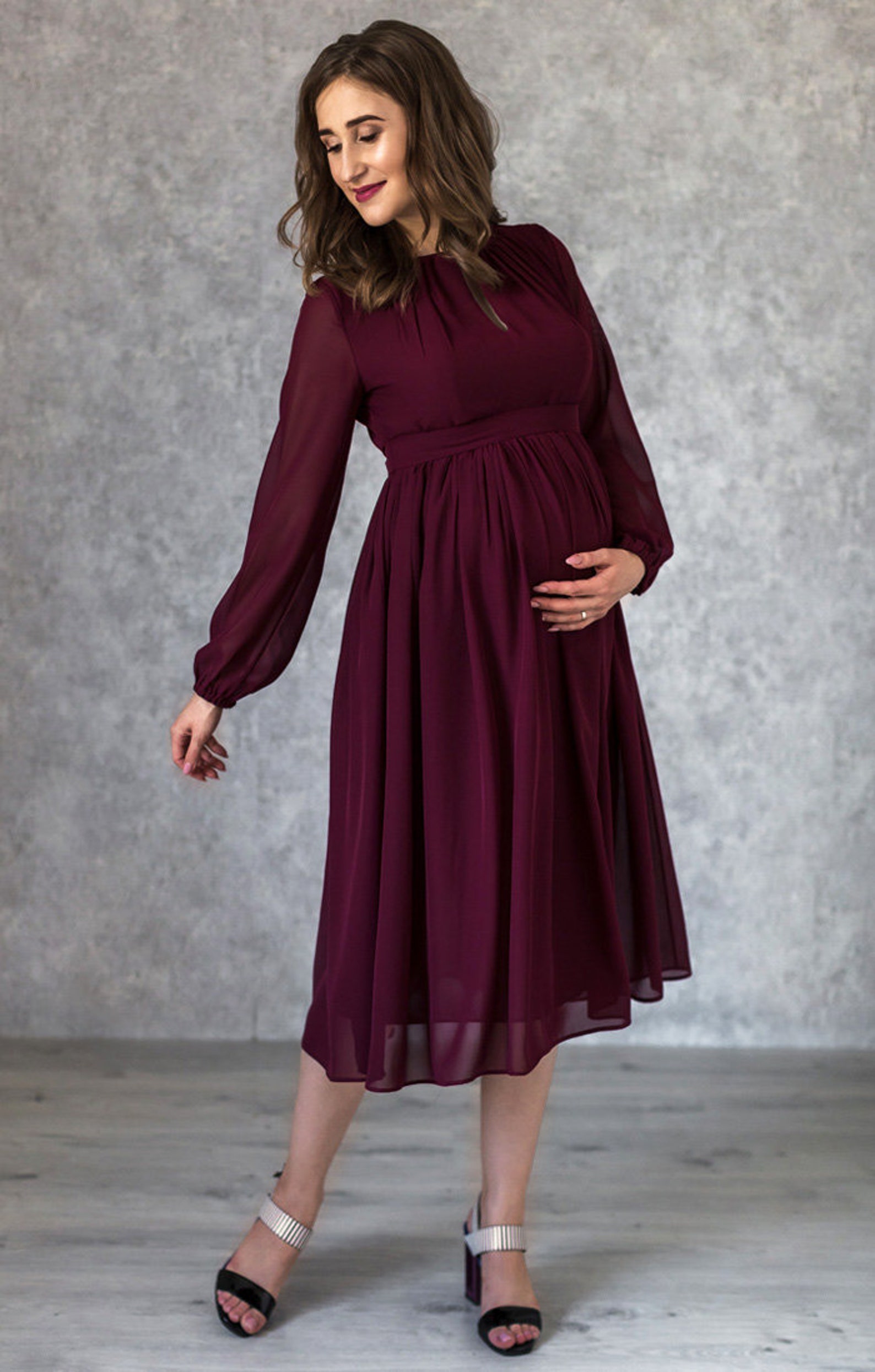 Burgundy Maternity Cocktail Flowy Dress / Midi dress for | Etsy