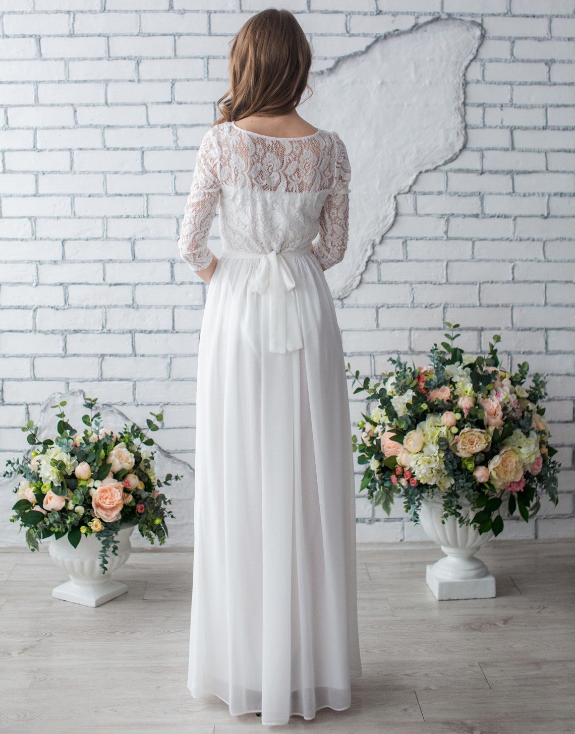 Ivory Wedding Dress With Lace Top and Sleeves / Women Formal - Etsy
